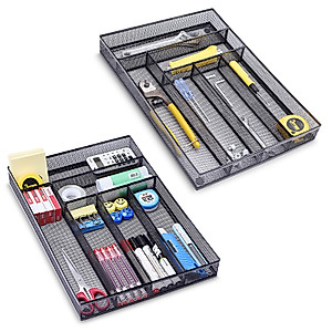 WuGeShop 6 Compartments Metal Mesh Kitchen Flatware Organizer Tray, Silverware Drawer Organizer/Utensil Holder and Cutlery Tray with Non Slip Mat (Black)