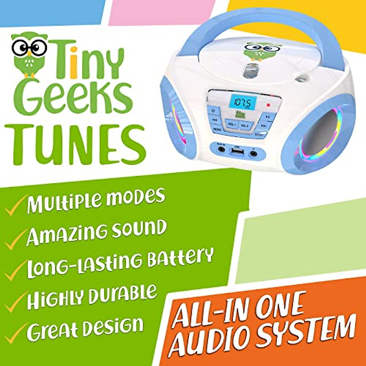 TinyGeeks Tunes Kids Boombox CD Player for Kids New 2022 + FM Radio + Batteries Included + Cute white Radio cd Player with Speakers for Kids and Toddlers