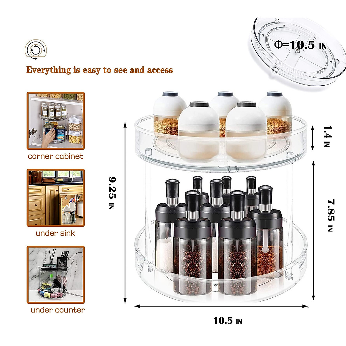 Acrylic Lazy Susan Organizer, 2 Tier Turntable for Cabinet,10.5 Inch Cleaning Supplies Organizer for Fridge Bathroom Sink Under and Storage Cabinets Kitchen Easy to Install or Separate