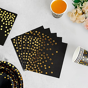 Black and Gold Party Supplies - 350 PCS Disposable Dinnerware Set - Black Paper Plates Napkins Cups, Gold Plastic Forks Knives Spoon for Halloween, Graduation, Birthday, Cocktail Party