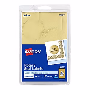 Avery Inkjet Print or Write Notarial Seals, 2 in Diameter, Gold, 44/Pack, PK - AVE05868