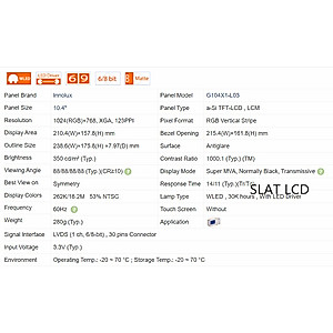 INNOLUX G104X1-L03 10.4" INCH, 1024X768 Pixels, 16.2M Colors, Active Area 210.4X157.8MM, Bezel Area 215.4X161.8MM, LCD-Display, LED Backlight