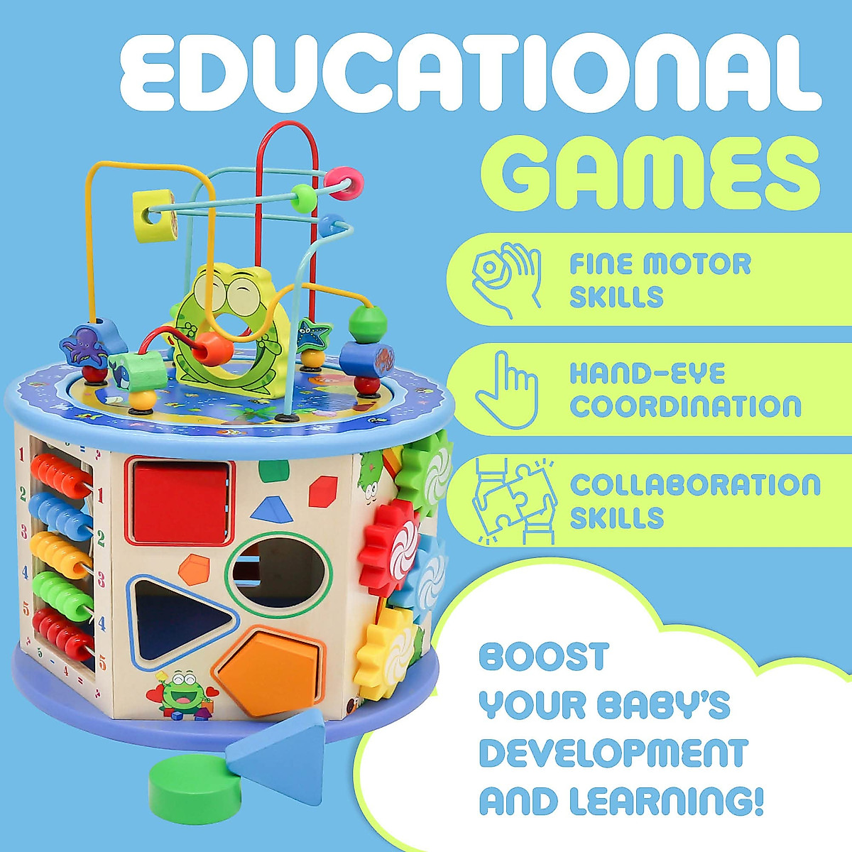 KIDDERY TOYS Wooden Activity Cube for Toddlers 1-3 with Bead Maze - Birthday Gift Busy Baby Activity Cube for 6-Month-Old Baby