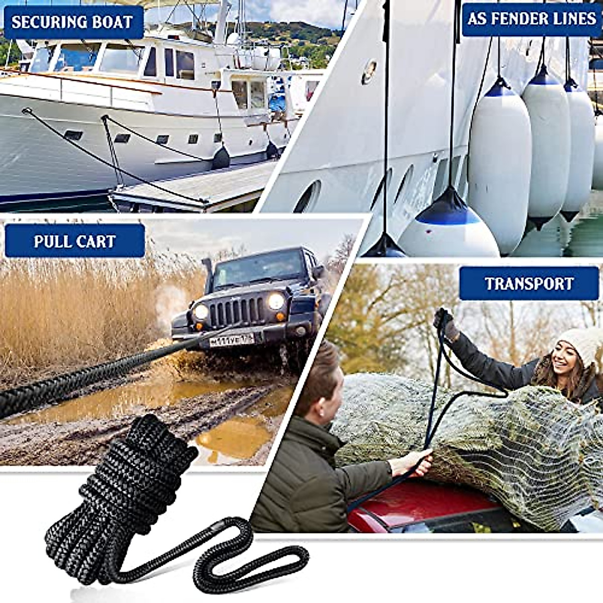 Dock Lines & Ropes Boat Accessories - 4 Pack 3/8" x 15' Double Braided Nylon Dock Lines with 12” Loop Excellent 5800 lbs Breaking Strength Marine Rope for Kayak Pontoon Boats up to 30ft Boating Gifts