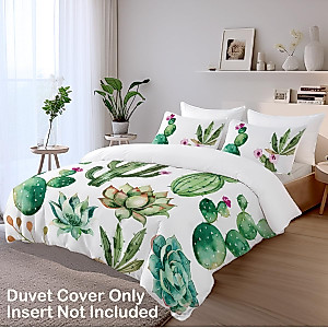 ARIGHTEX Bright Cactus Pattern Bedding Set Green Plants Cactus Print 3 Pieces Duvet Cover Set Nature Art Prints Decor Collection (Queen)