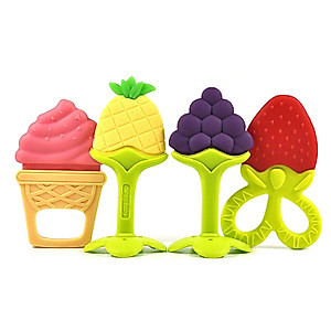 Baby Teething Toys (4 Pack), Olele Baby Chew Toys, BPA-Free Baby Teething Toy for Babies 6-12 Months. Natural Organic Freezer Safe Fruit Teether Toys for Toddlers, Specialized Relief Gingival Pain.