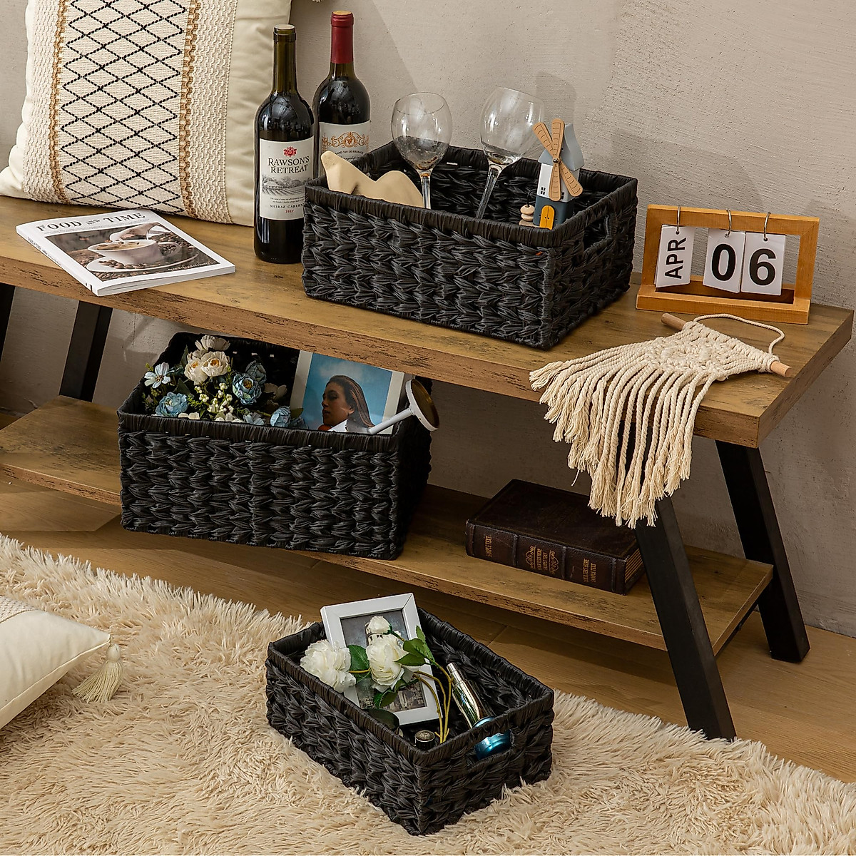 Homepeaz Set of 3 Wicker Storage Baskets, Decorative Baskets With Built-in Handles, Multipurpose Nesting Countertop Baskets for Shelves, Pantry, Kitchen Organizers, Bathroom, Toilet, Closet (Black)