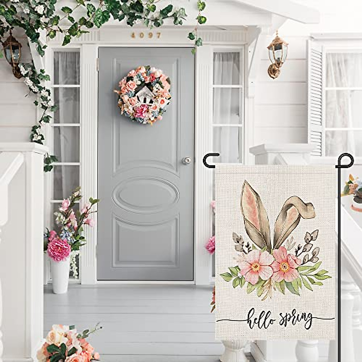 Hello Spring Bunny Floral Garden Flag 12×18 Inch Burlap Double Sided Outside, Seasonal Sign Yard Outdoor Decoration DF249