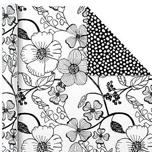 Hallmark All Occasion Reversible Wrapping Paper Bundle - Black and White Flowers and Dots (3-Pack: 75 sq. ft. ttl.) for Birthdays, Weddings, Graduations, Valentine's Day, Anniversaries, Christmas