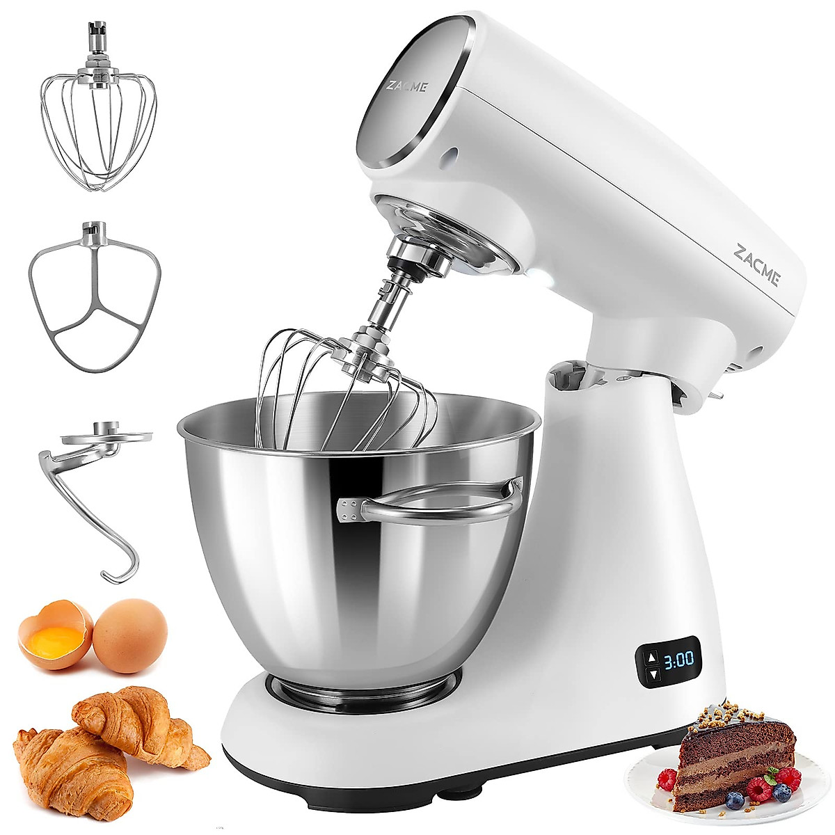 ZACME Mixers Kitchen Electric Stand Mixer, Aluminum die casting and Gears, 1 Hour Continuous Operation, Dual Cooling System, Low Noise DC Motor, LED Display and Timing Function, 600W 5.5QT, Food Grade