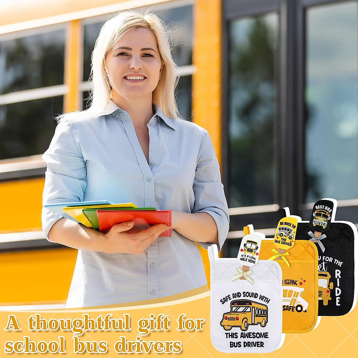 Rtteri 6 Pcs Bus Driver Appreciation Gifts Pot Holder Baking Kit and Silicone Spatula for School Bus Driver Gifts Teacher Appreciation Present Thanks for The Sweet Ride