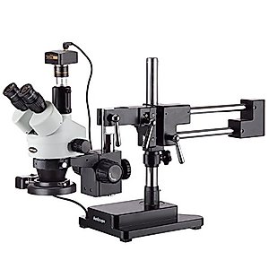 AmScope SM-4TZ-FRL-MB Digital Professional Trinocular Stereo Zoom Microscope, WH10x Eyepieces, 3.5X-90X Magnification, 0.7X-4.5X Zoom Objective, 8W Fluorescent Ring Light, Double-Arm Boom Stand, 110V-120V, Includes 0.5X and 2.0X Barlow Lenses and 1.3MP Ca