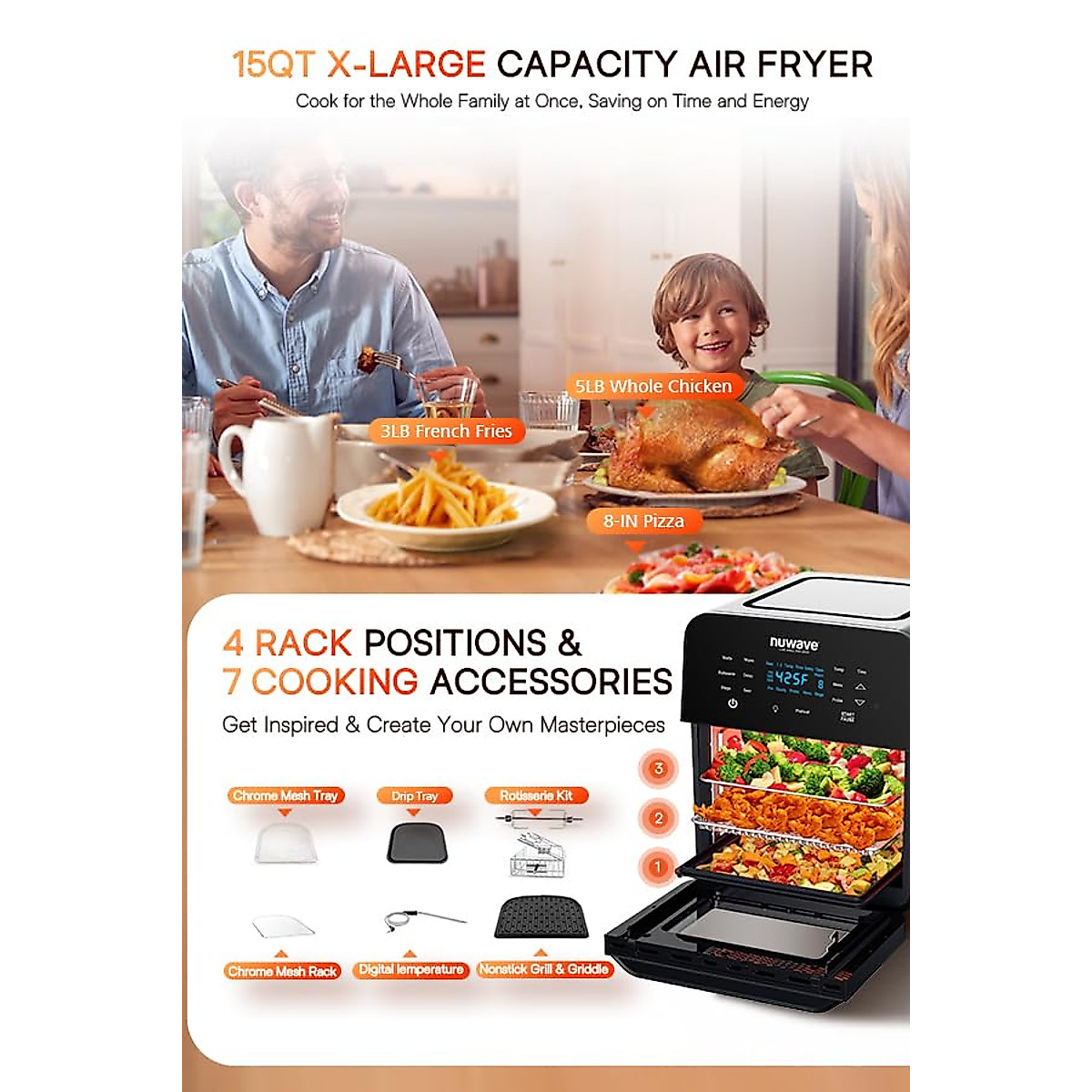 Nuwave Brio Air Fryer Smart Oven, 15.5-Qt X-Large Family Size, Countertop Convection Rotisserie Grill Combo, SS Rotisserie Basket & Skewer Kit, Reversible Ultra Non-Stick Grill Griddle Plate Included