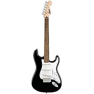 Squier Stratocaster Electric Guitar Pack, with 2-Year Warranty, Black, with Gig Bag, Frontman 10G, and accessories