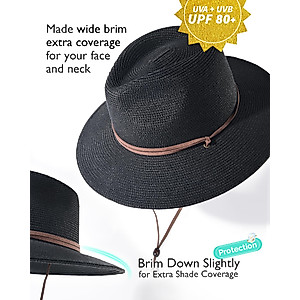 FURTALK Womens Summer Straw Sun Hats Wide Brim Panama Fedora Beach Hat with Wind Lanyard UPF 80+ Black