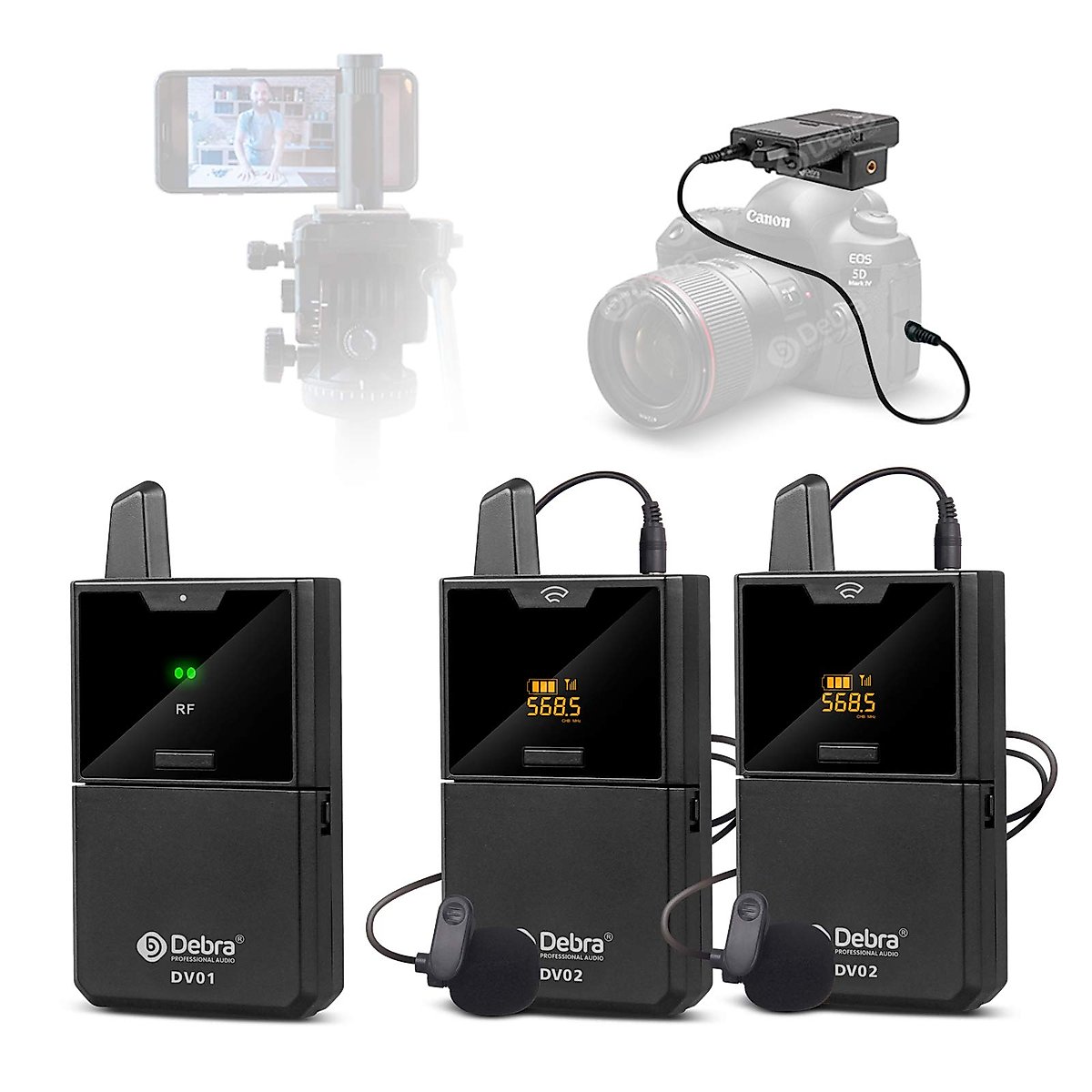 D Debra DV-02 UHF Wireless Lavalier Microphone with Remote Real-time Monitor Compatible with Smart Phone, DSLR Camera for Video Recording Interview (DV-02)