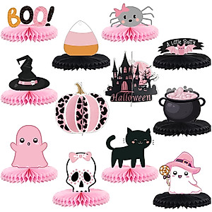 Eersida 12 Pcs Pink Halloween Table Honeycomb Centerpieces Halloween Baby Shower Decorations Pumpkin Bat Spider Halloween Birthday Table Toppers for Halloween Baby Shower Party Table Decorations