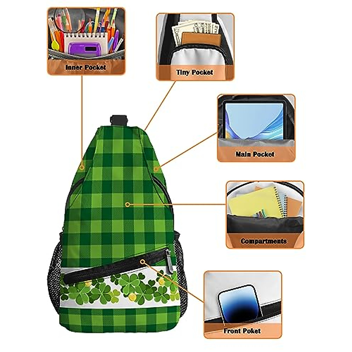 Sling Backpack, St. Patrick's Day Lucky Clover Green Buffalo Plaid Waterproof Lightweight Small Sling Bag, Travel Chest Bag Crossbody Shoulder Bag Hiking Daypack for Women Men