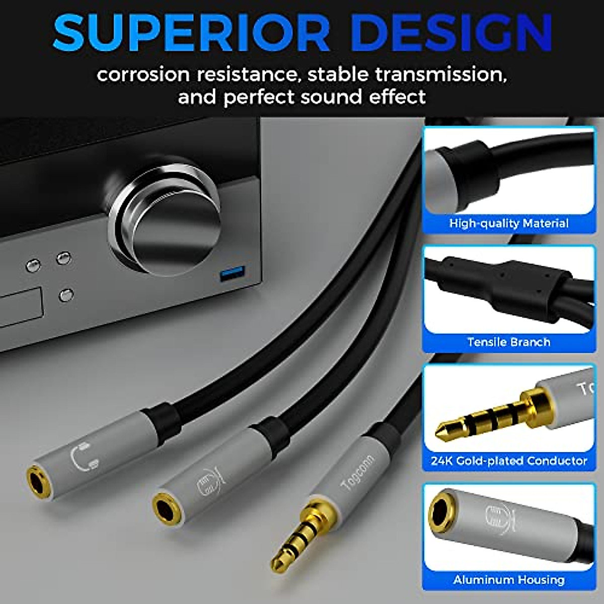 Togconn Headphone Splitter 3.5mm AUX Audio Stereo Y Adapter, 3.5mm TRRS Male to Dual 3.5mm Female Headphone Jack, Compatible with Smartphone, Samsung, Tablet, Laptop, PS4(2 Pack)