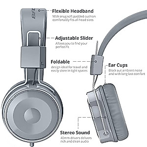 BASEMAN Wired Headphones with Microphone - Foldable Wired On-Ear Headphones for Laptops Computer Cellphone Tablet, Stereo Bass Headsets with 3.5mm Jack No-Tangle Cord for Boys Girls Women Men - Grey