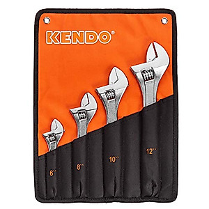 Kendo 4pcs Heavy Duty Adjustable Wrench Set - 6", 8", 10" & 12" Wrench - Drop Forged Heat Treated Chrome Vanadium Steel - Roll-up Storage Pouch Included