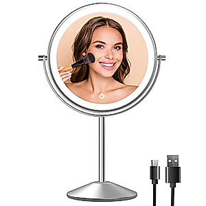 Lighted Makeup Mirror with Magnification, Rechargeable Double Sided 10X Magnifying Mirror with Light, 8 Inch Makeup Vanity Mirror with 3 Light Setting, Touch Control, Desktop Cosmetic Light Up Mirror