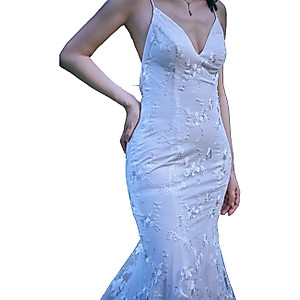 Pefantal Lace Applique Wedding Dresses for Bride Sleeveless Spaghetti Straps Mermaid V Neck Open Back Bodycon Long Bridal Gown (US, Numeric, 6, Regular, Regular, White)
