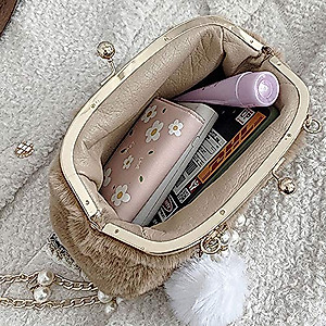 Goclothod Women Faux Fur Clutch Purse Kiss Lock Shoulder Bag Chain Crossbody Handbag