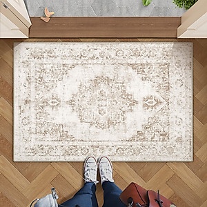 Area Rug 2x3 Vintage Rug: Small Washable Indoor Medallion Entryway Rug Low Pile Distressed Floor Carpet Retro Accent Doormat for Bedroom Bathroom Hallway Kitchen Home Office(Beige, 2'x3')