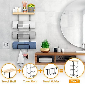 Goramio Wall Mounted Towel Rack for Bathroom - Metal Towel Storage Organizer with Wooden Top Shelf and 4 Hooks - Towel Holder for Rolled Towels, Bath Towels, Washcloths, Hand Towels, Small Towels
