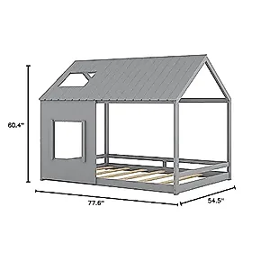 Woanke Kids House Bed Full Size, Floor Bed Full with Roof and Window, Solid Wood Floor Bed Frame Cabin Fun Playhouse Bed for Girls, Boys, Children
