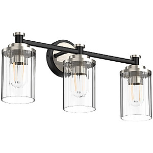 PHIXART Bathroom Lighting Fixtures Black and Brushed Nickel Bathroom Vanity Light with Cylindrical Clear Stripes Glass Lampshade E26 Socket Base Bathroom Lighting Fixtures Over Mirror (3 Lights)