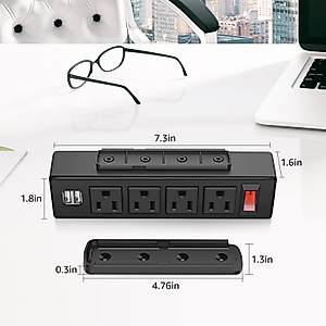 HHSOET Under Desk Power Strip with 4 Outlets and USB Ports, Under Desktop Charging Outlet Station, on Desk Mount Plug with 3M Adhesive, Underneath Table Mountable Power Outlet with 6 FT Cord. (Black)