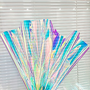 12x53 Inch Iridescent Blue PVC Vinyl Holographic Clear Synthetic Fabric Transparent Laser Rainbow for DIY Patchwork Bags Bows Jewlery Making (XHT-299-L)