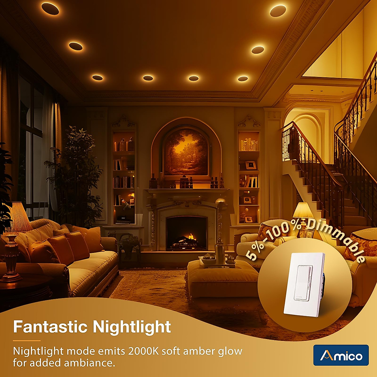 Amico 12 Pack 6 Inch 5CCT LED Recessed Ceiling Light with Night Light, 2700K/3000K/3500K/4000K/5000K Selectable Ultra-Thin Recessed Lighting, 12W=110W, 1100LM, Dimmable Canless Wafer Downlight ETL&FCC