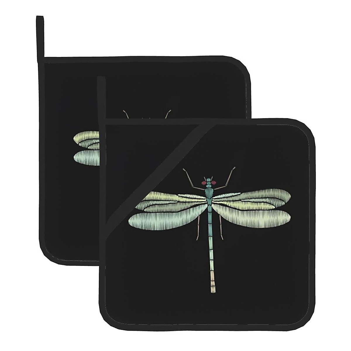 Square Insulated Pot Holder Sets of 2,Dragonfly Black Printed Pot Holders for BBQ Cooking Baking