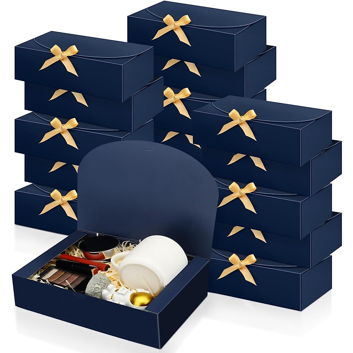 SWANGSA 16Pcs Gift Boxes with Lids, 10.6''x7.8''x3.1'' Blue Kraft Paper Gift Box, Bridesmaid Proposal Box with Ribbon and 70pcs Adhesive Dots, for Wedding, Packaging, Present, Birthday, Cupcake Boxes