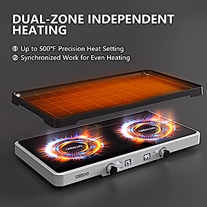 GREECHO Portable Induction Cooktop, 2 Burner Electric Cooktop with Removable Griddle Pan, 5 Gear Heating and Independent Control Electric Cooktop, 1400W Electric Burner with 0-99 Timer, Coconut White
