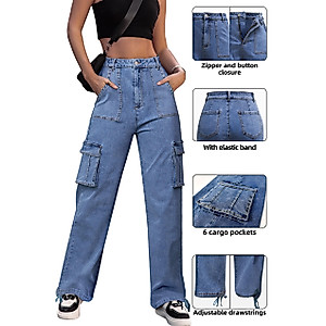 ZMPSIISA Women High Waisted Cargo Jeans Pants Wide Leg Casual Denim Pants 6 Pockets Combat Military Trousers(Denim Blue,X-Large)
