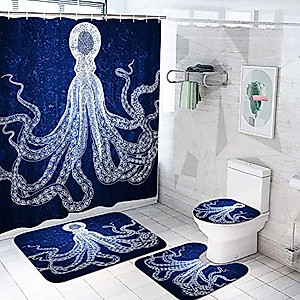 DuoBaorom 4 Pieces Set Octopus Shower Curtain Set Blue and White Sea Animal Picture Print on Non-Slip Rugs Toilet Lid Cover Bath Mat and Bathroom Curtain with 12 Hooks 72x72inch