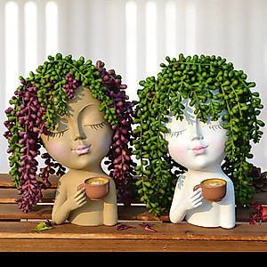 Face Vase Head Planter, Face Planter, Small Plant Pots Outdoor Planters for Indoor Plants, Succulent Flower Pots Plant Pot with Drainage, Gifts for Women Mom Sister, White Vases Coffee Table Decor