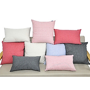 JES&MEDIS Pack of 2 Pillowcase Cotton Striped Home Decor Square Throw Pillow Covers Set for Office Bed Car Club 18 x 18 Inches 45 x 45 cm Beige and White