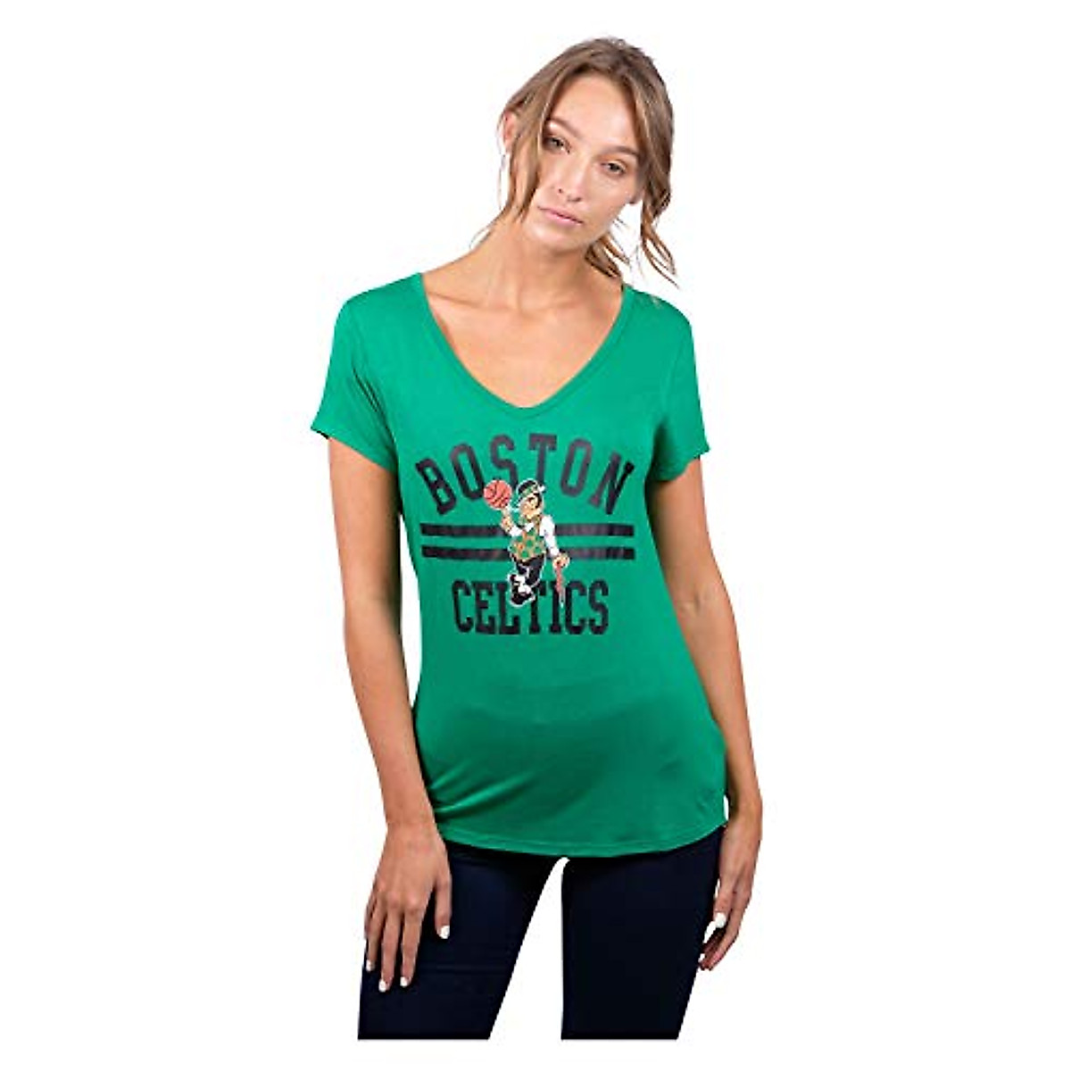 Ultra Game NBA Boston Celtics Womens Box Out Varsity Stripe Tee Shirt, Team Color, Medium