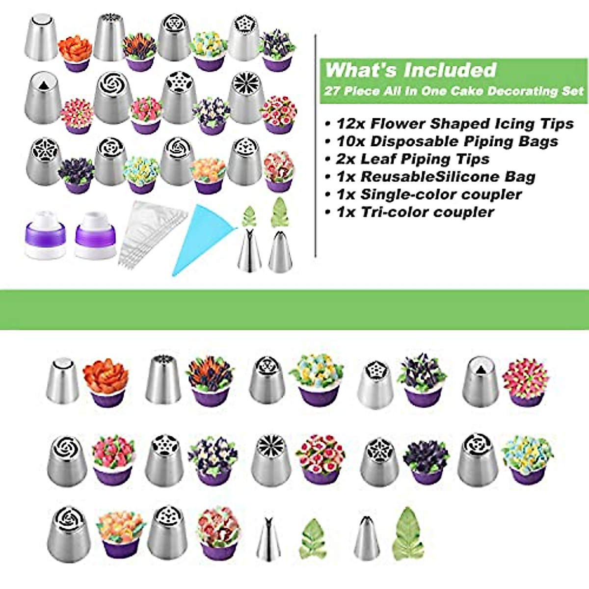 Suuker 27 Pcs Russian Piping Tips Set, Cake Decorating Tips Baking Supplies for Cupcake Cookies Birthday Party (12 Icing Tips 10 Pastry Baking Bags 2 Leaf Piping Tips 2 Couplers 1 Silicone Bag)