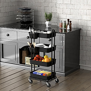 Simple Houseware 4-Tier Multifunctional Rolling Utility Cart with Hanging Buckets, Black