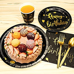 200 Pieces Gold Disposable Party Dinnerware Set &Golden Dot Disposable Birthday Party Dinnerware - Black Paper Plates Napkins Cups, Gold Plastic Forks Knives Spoons