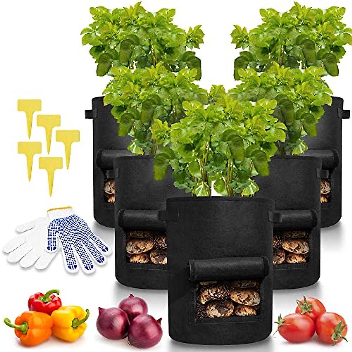 La Main Verte Potato Growing Containers, [5 Pack] 10 Gallon Potato Bags for Growing Potatoes, Non Woven Potato Pots for Growing Potatoes with [Bonus] Garden Gloves for Tomato, Vegetable and Fruits
