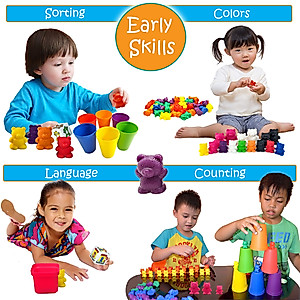 Skoolzy Language Rainbow Counting Bears, Matching Sorting Cups with Scoop Tongs 114pc Set - Teddy Bear Math Manipulatives for Toddlers - Sensory Toys - Fine Motor Skills Toys for Age 3+
