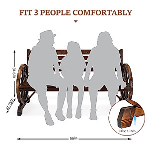 VINGLI Outdoor Rustic Wooden Bench with Wagon Wheel Arms, 3 People Outdoor Bench Garden Bench Front Porch Furniture Patio Lawn Yard Park, Indoor and Ourdoor Decor