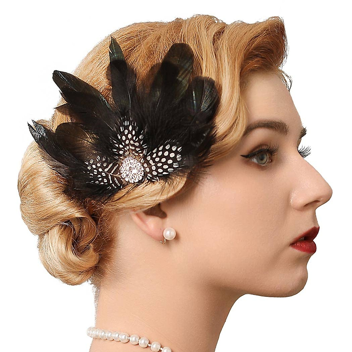 GENBREE Flapper Headpiece Black Feather Hair Clip Rhinestone 1920s Feather Headbands Prom Party Head Accessories for Women and Girls (Style 1)